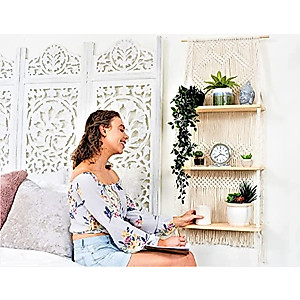 Macrame Wall Hanging Shelf-ideal décor-plants storage bookshelf-Bohemian Decorative Shelves-Boho Floating Indoor Shelving–For bedroom kitchen bathroom room with window Plant hanger 3 Tier Heart