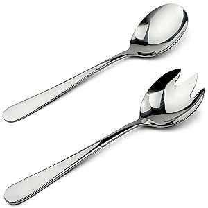 Goeielewe Pack of 2 Salad Spoon and Fork Salad Server Set, Stainless Steel Salad Serving Set, 7.7-Inch Serving Spoon and Fork Set for Salad, Gravies, Fruits, Soup or Pasta (Silver)