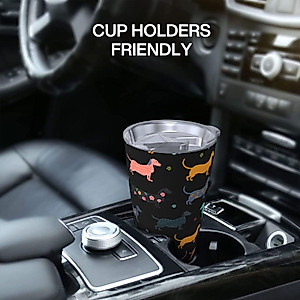 Groamaup 20oz Dachshund Puppy Dog Stainless Steel Insulated Tumbler with Lid and 3pcs Straw Sets, Black Cartoon Car Cup for Cold and Hot Drinks, Coffee Mug for Travel Office and Home Use