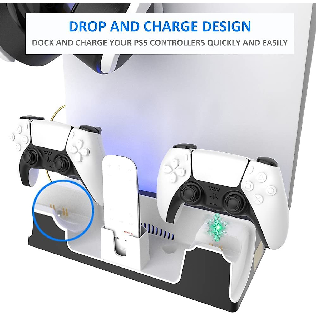 JDDWIN PS5 Vertical Charging Stand with Cooling Fan & Controller Hanger for PS5 Console,PS5 Stand Accessories with Dual Controller Charger and Game Rack Storage Organizer with 3 USB Ports