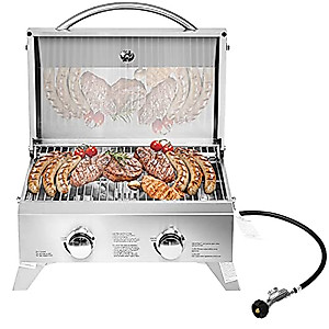 ORALNER Portable Gas Grill 20,000 BTU Stainless Steel Grill Tabletop Propane BBQ Griddle w/Foldable Legs, Gas Hose, 266 Sq.in Cooking Area, 2 Burner Gas Grill for Outdoor Camping, Tailgating, Picnic