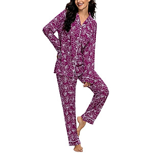 Tugege Pajamas Set Long Sleeve Sleepwear Women Button Down Nightwear Pj Lounge Sets (Burgundy Peony, Large)