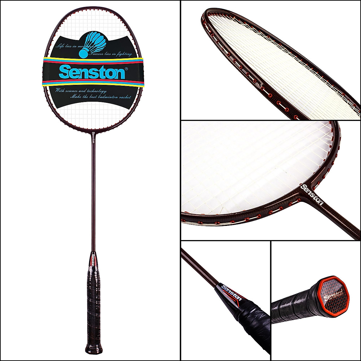 Senston Professional Woven Badminton Racket 100% Full Carbon-Fiber High-Grade Badminton Racquet Including Grip Racket Cover Red Color