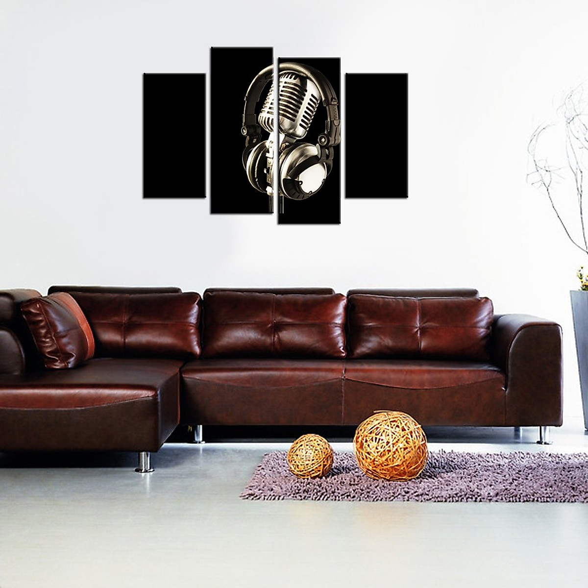 VVOVV Wall Decor Microphone Music Picture Canvas Print Headphone Canvas Wall Art Black and White Musical Painting Contemporary Music Room Decorations Framed Canvas Artwork Large 4 Panels