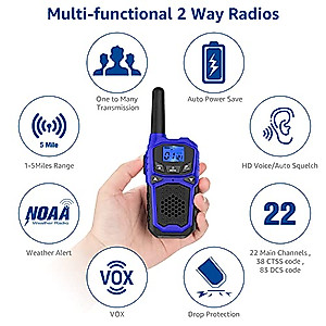 Long Range Walkie Talkies for Adults Kids,Handheld Two Way Radios Rechargeable Walkie-Talkies with NOAA Weather Alert Micro USB Charging for Family Camping, Hiking, Car Trip (Blue)