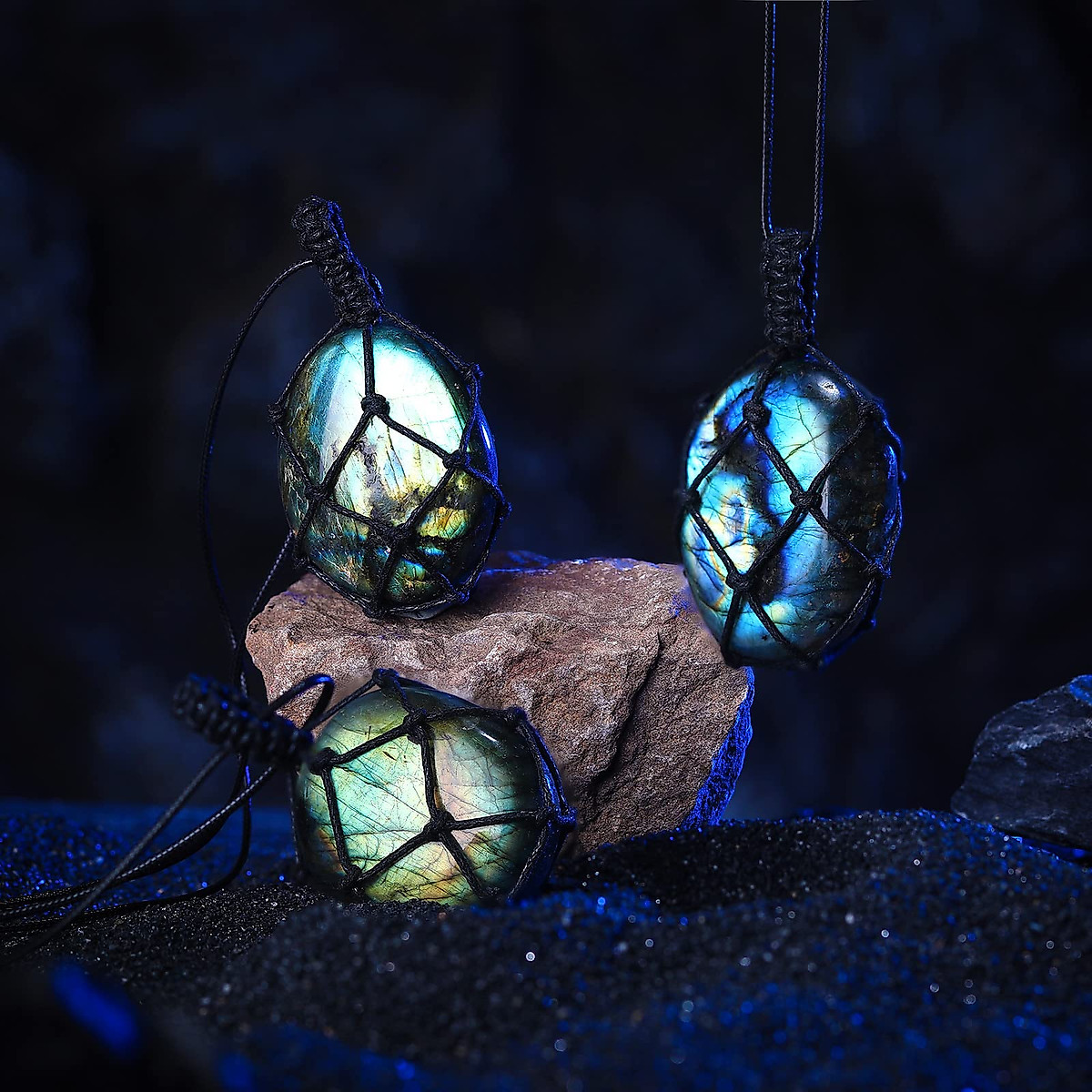 Kingdder Natural Gemstone Crystal Pendant Necklace Stone Holder Necklace Cord Hand Woven Necklace with Adjustable Length for Women Men(3 Pcs,Labradorite)