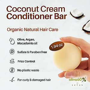 Coconut Cream Conditioner Bar - Curly Hair | Extra Moisturizing | Hair Care- Frizz Control | Olive, Argan, Macadamia Oil, Shea Butter | Sulfate & Paraben Free | Vegan | 1.94 oz | OLIVA 60
