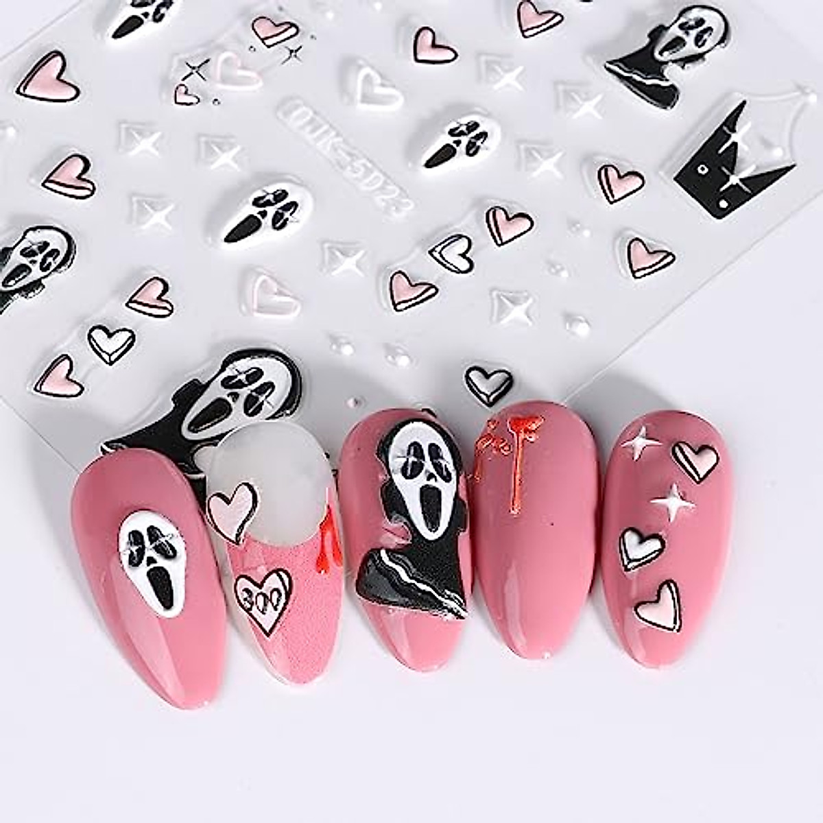 JMEOWIO 3D Embossed Halloween Nail Art Stickers Decals Self-Adhesive Pegatinas Uñas Pink 5D Skull Cute Ghost Spider Web Spook Nail Supplies Nail Art Design Decoration Accessories 4 Sheets