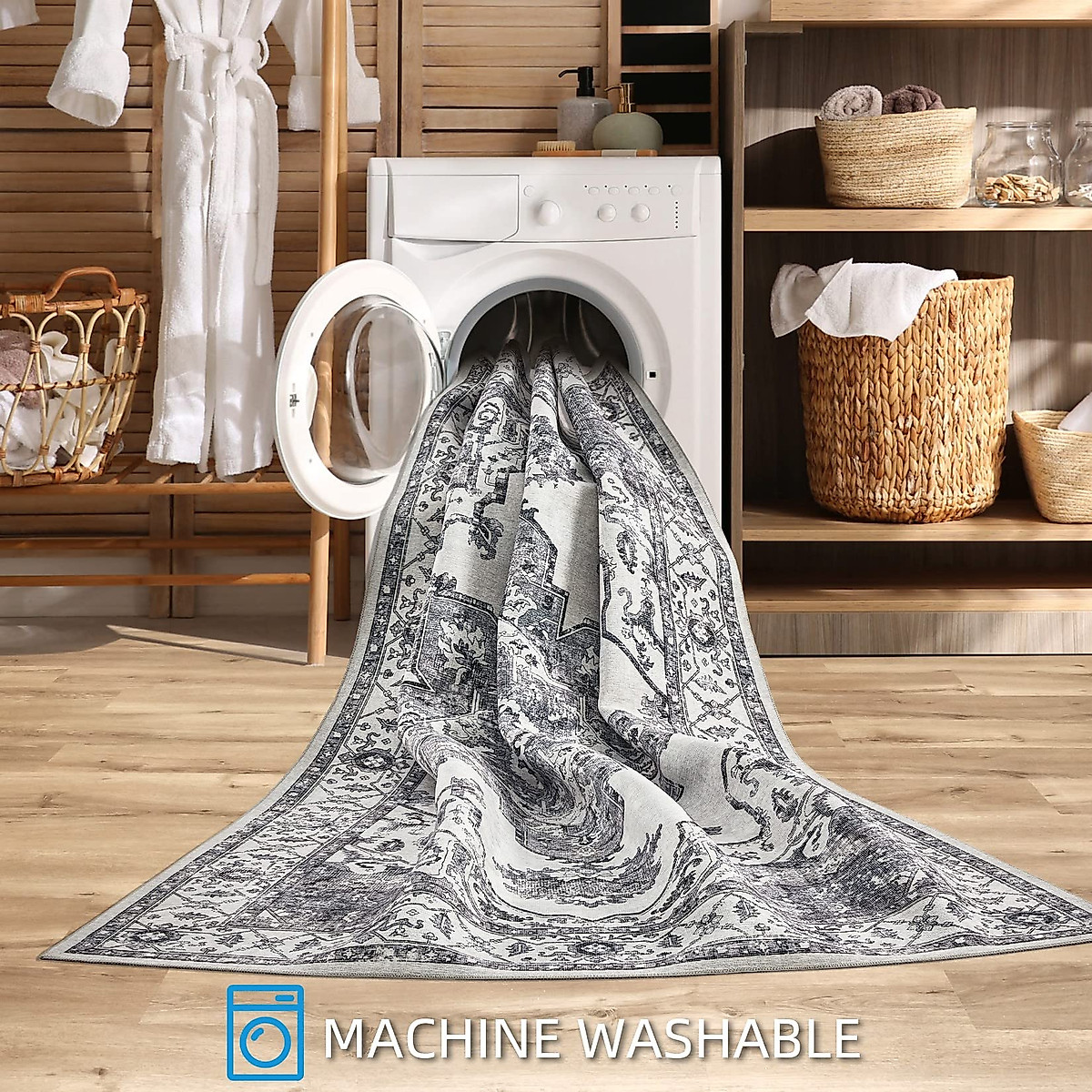 Oriannal 5x7ft Washable Area Rugs Boho Gray +2 PCS Kitchen Rugs Non-Slip 17 X30/17X47 Inch Gray and White