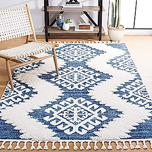 Safavieh Moroccan Tassel Shag Collection Accent Rug - 4' x 6', Blue & Ivory, Boho Design, Non-Shedding & Easy Care, 2-inch Thick Ideal for High Traffic Areas in Foyer, Living Room, Bedroom (MTS652M)