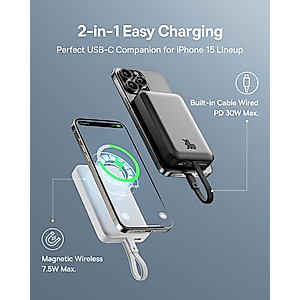 Baseus Magnetic Power Bank, 30W PD Fast Charging 10000mAh for Magsafe Battery Pack Built-in USB-C Cable (in&Out), Power Bank for iPhone 15 Pro Max, iPhone 15/15 Plus/15 Pro, Galaxy, iPad, Pixel, etc.
