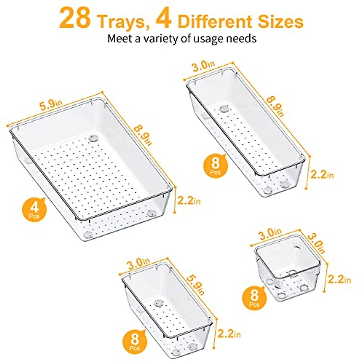 SMARTAKE 28-Piece Drawer Organizers with Non-Slip Silicone Pads, 4-Size Desk Drawer Organizer Trays Storage Tray for Makeup, Jewelries, Utensils in Bedroom Dresser, Office and Kitchen, Clear