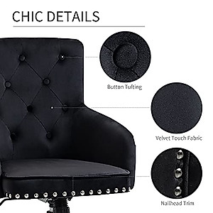 HOMCOM Modern Mid-Back Desk Chair with Button Tufted Velvet Back, Nailhead Trim, Swivel Home Office Chair with Adjustable Height, Curved Padded Armrests, Black