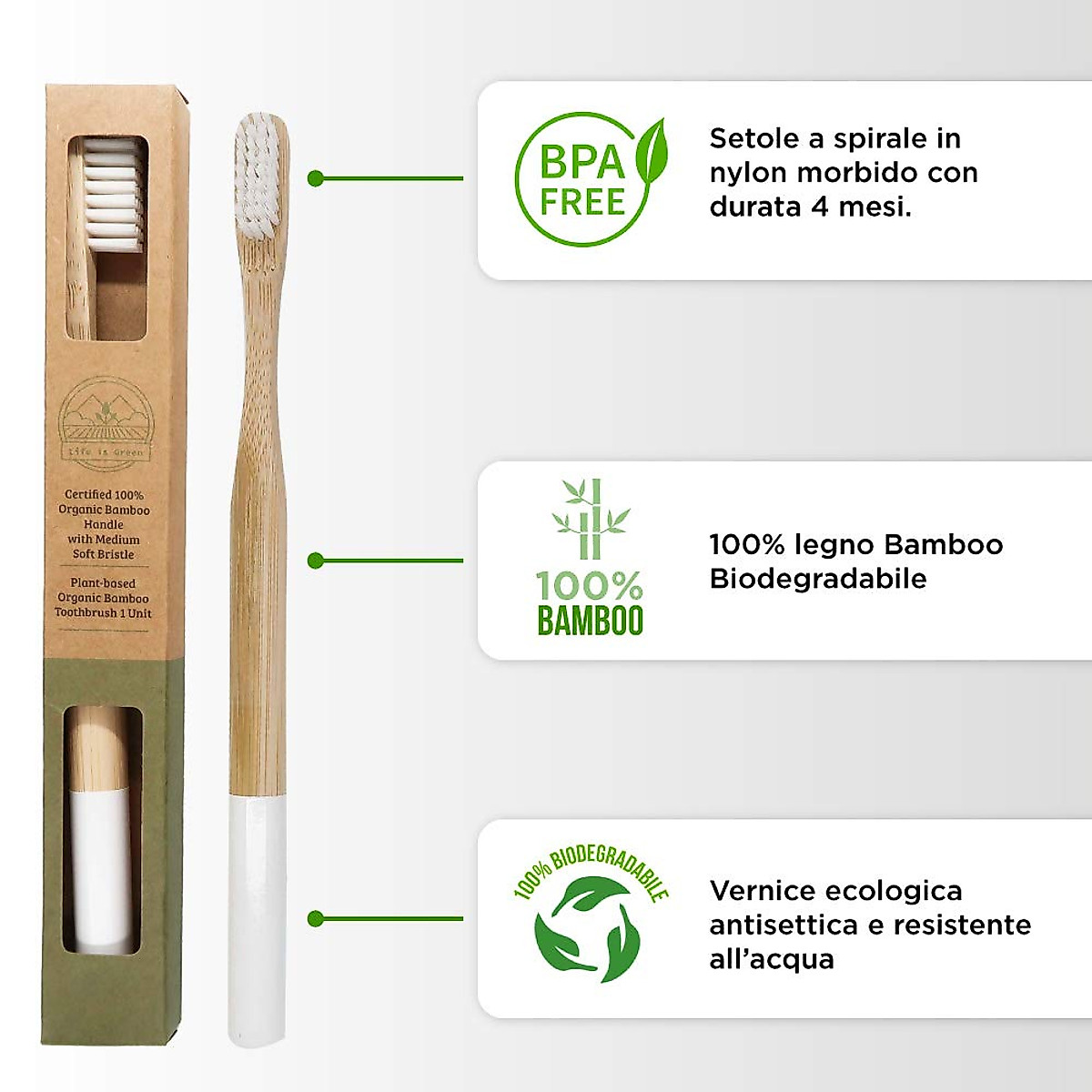 Eco Friendly and Biodegradable Bamboo Toothbrush Water Resistant | Plastic Free Round Handle | Antiseptic Medium Hard Bristles BPA-Free | Natural | Set of Toothbrushes | 200 Bamboo Cotton Swabs FREE