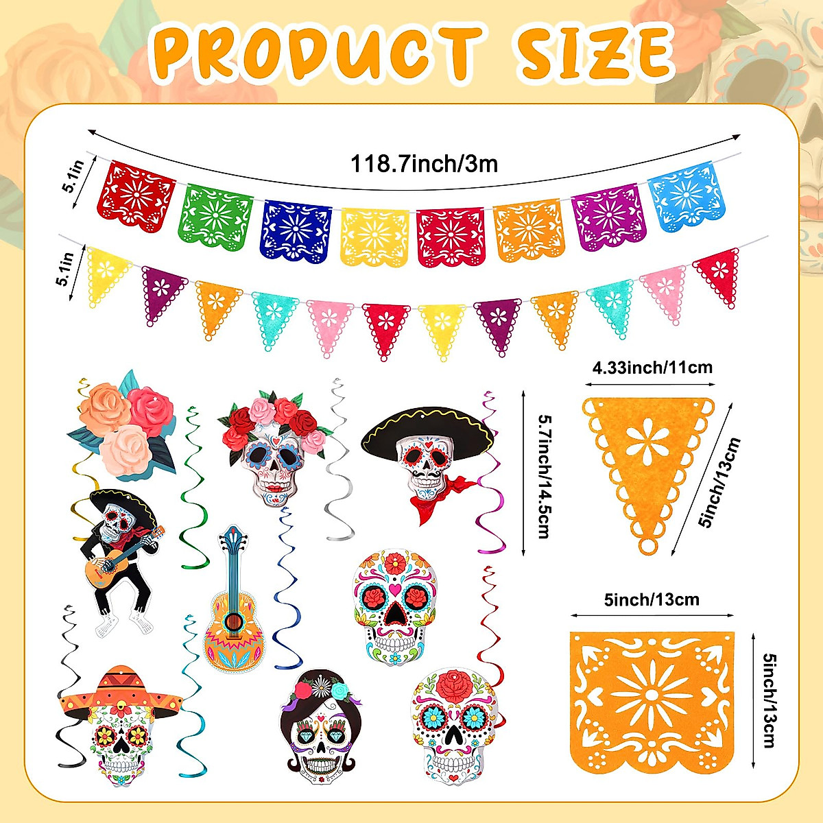 30 Pcs Day of the Dead Decorations Set Altar De Ofrendas Marigold Garland Mexican Banners Serape Tablecloth Skull Hanging Swirl Monarch Butterfly for Dia De Los Muertos Fiesta Party(Orange)