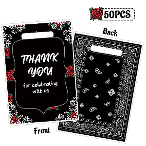 BkeeCten 50PCS Black Bandana Party Favors Bag with Handle Plastic Chicano Thank You Gift Goody Treat Candy Bags Black Western Bandana Return Gift Bags for Old School Cholo Theme Birthday Party Supply