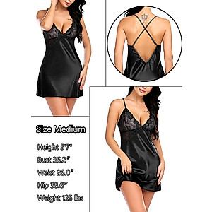 Avidlove Women Lingerie V Neck Nightwear Satin Sleepwear Lace Chemise Mini Teddy Black, Medium