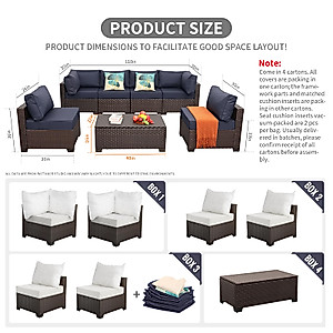 Rattaner 7 Pieces Outdoor Wicker Furniture Conversation Set Patio Furniture Sectional Sofa Couch Patio Storage Table with Thicken(5") Non-Slip Cushions Furniture Cover, Navy Blue