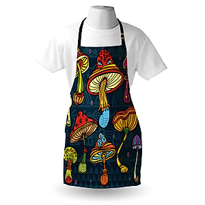 Lunarable Mushroom Apron, Mushrooms Ornate Doodles Swirls Eyes Psychedelic Botany and Growth, Unisex Kitchen Bib with Adjustable Neck for Cooking Gardening, Adult Size, Dark Teal