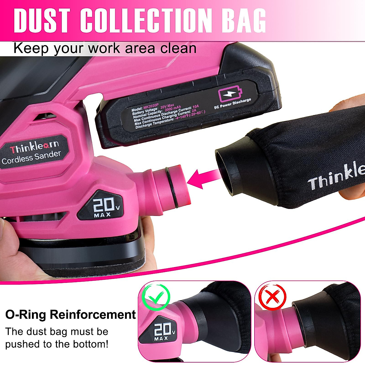 Cordless Detail Sander - 20V Electric Hand Sander with 22Pcs Sandpapers, 12000 RPM Mouse Sander with Dust Bag, Compact Palm Sander Tool for Tight Spaces Woodworking, 2.0Ah Battery and Charger Included