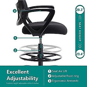 JHK Drafting Standing, Tall Desk Counter Height Adjustable Office Chairs with Comfortable Padded Armrests, Black