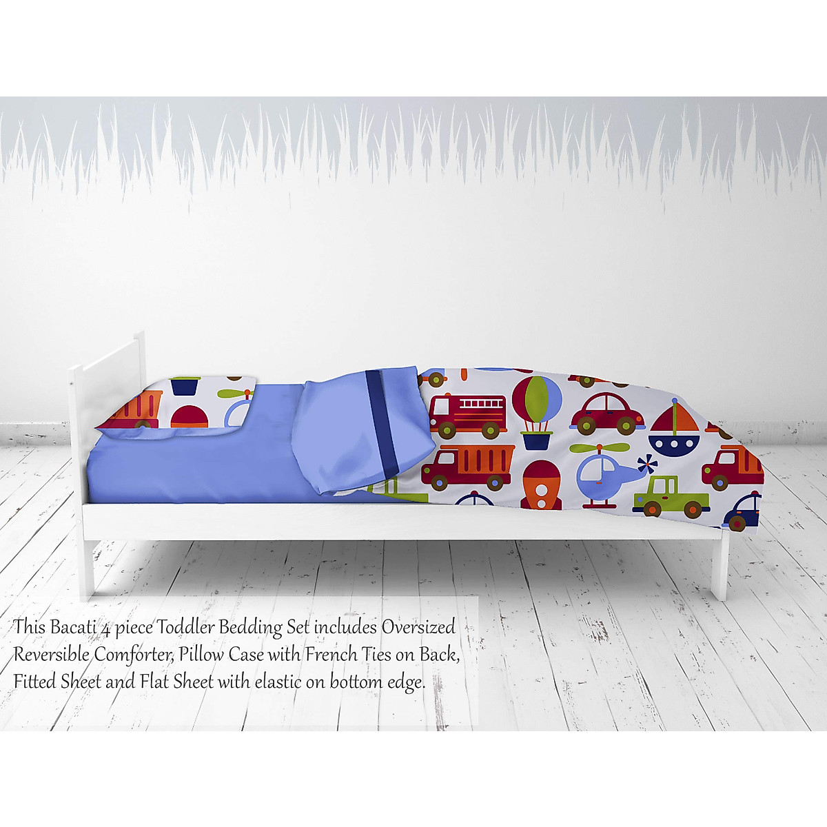 Bacati - Transportation Blue 4 Piece Boys Toddler Bedding Set 100 Percent Cotton Includes Reversible Comforter, Fitted Sheet, Top Sheet, and Pillow Case for Boys