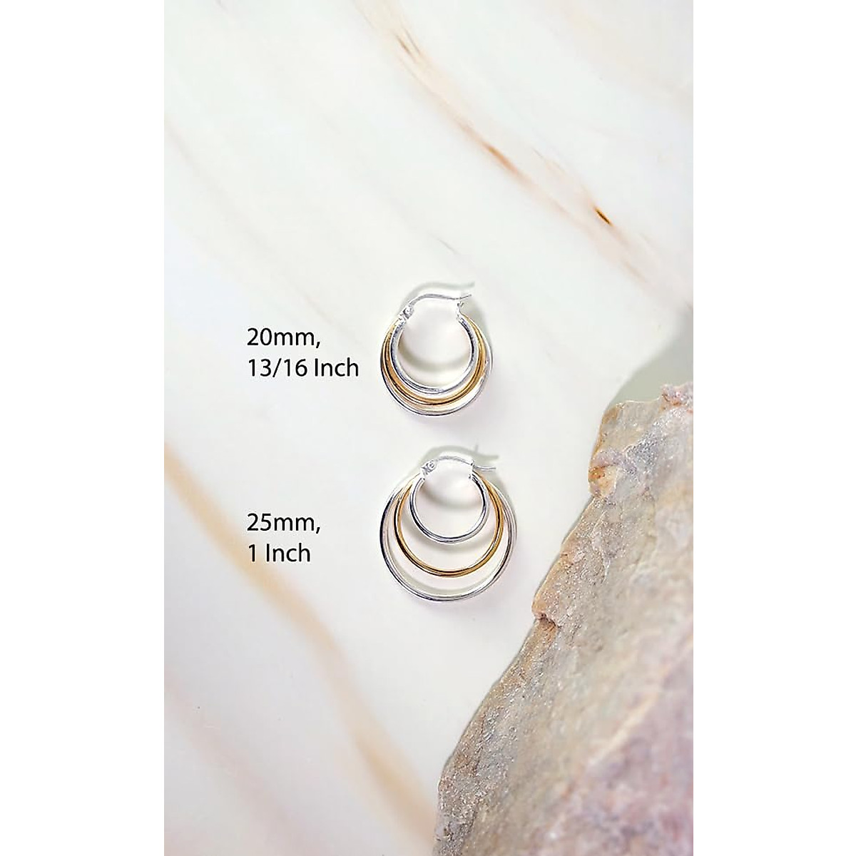 Hoops & Loops Sterling Silver Two-Tone Triple Circle Round-Tube Polished Hoop Earrings, 20mm