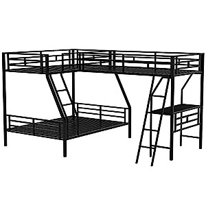UBGO Bunk Bed Loft Bed 2 in 1, Twin Over Full Bunk Bed with One Twin Loft Bed, Metal Bunk Bed, L Shaped Bunk Bed Loft Bed with Desk, Bedroom/Guest Room Triple Bunk Bed, Black