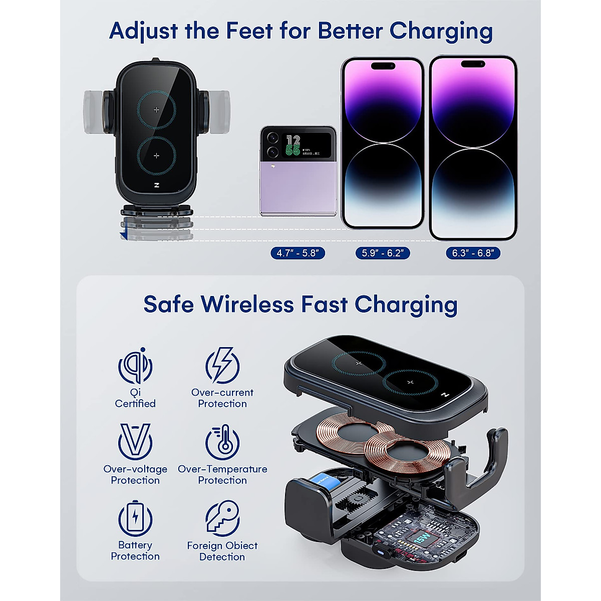 Wireless Car Charger, ZEEHOO DUOXX Dual Coils 15W Fast Charging Auto-Clamping Car Mount, Dash& Vent Wireless Car Phone Charger Holder for iPhone 15 14 13 12, Samsung Z Flip 4 3, S23+, etc