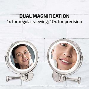 Ovente 8.6" Lighted Wall Mount Makeup Mirror, 1X & 10X Magnifier, Adjustable Double Sided Round LED, Extend, Retractable & Folding Arm, Compact & Cordless, Battery Powered Nickel Brushed MFW85BR1X10X