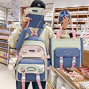 MIFJNF 5Pcs Kawaii Backpack Cute Backpack for School Aesthetic Backpack Kawaii School Supplies Backpack Set with Accessories (Blue)