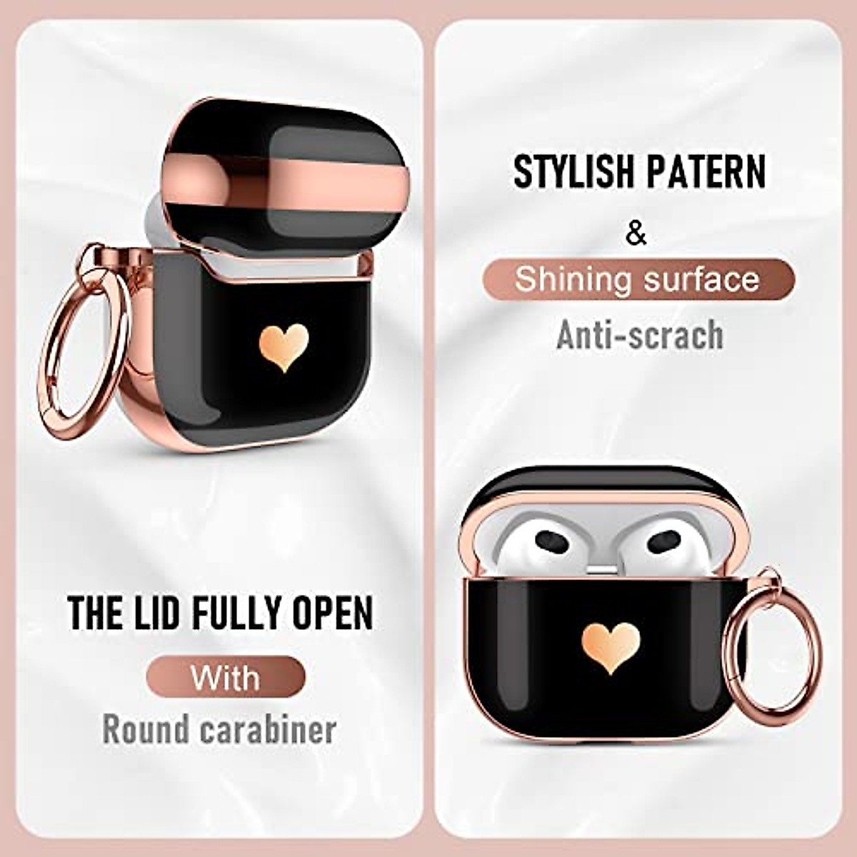 Maxjoy AirPods 3rd Generation Case Cover, Cute Electroplating with Gold Heart Pattern with Lanyard Shockproof Cover for Girls Woman Airpods 3 case-Black