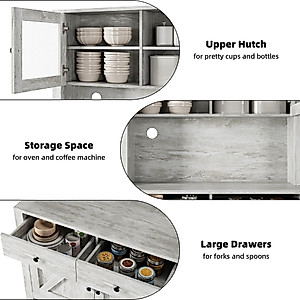 IDEALHOUSE Kitchen Pantry Cabinet with Microwave Stand, Freestanding Hutch with Drawers, Doors & Adjustable Shelves, Buffet Cabinet with Storage, Food Pantry for Kitchen, Dining Room, Grey