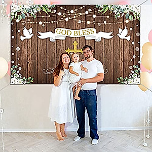 God Bless Baptism Backdrop First Holy Communion Party Decorations Christening Ceremony Newborn Baby Shower Banner Rustic Wood White Floral Ribbon Photography Background Decor Supplies 71 x 43 Inch