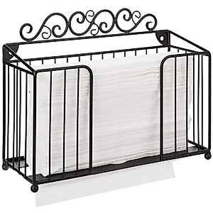 MyGift Black Metal Bathroom Paper Towel Holder with Scrollwork Design, Trifold Z-Fold Dispenser, Wall Mounted Commercial Folded Disposable Paper Towel Rack