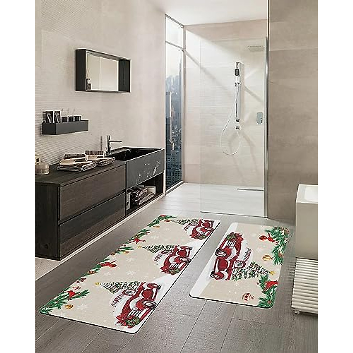Christmas Red Truck Bath Mat for Tub,Non Slip Bathroom Floor Runner Rug Quick Dry & Absorbent Diatomaceous Earth Shower Sink Kitchen Washable Doormat,Farmhouse Pine Tree Berry Snowflake 16x24+16x47
