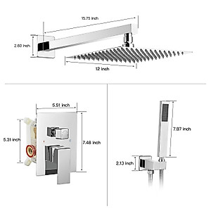 BWE 12 Inch Square Bathroom Luxury Rain Mixer Shower Combo Set Wall Mounted 2-Functions Rainfall Shower Head System Polished Chrome Shower Faucet Rough-in Valve Body and Trim Included