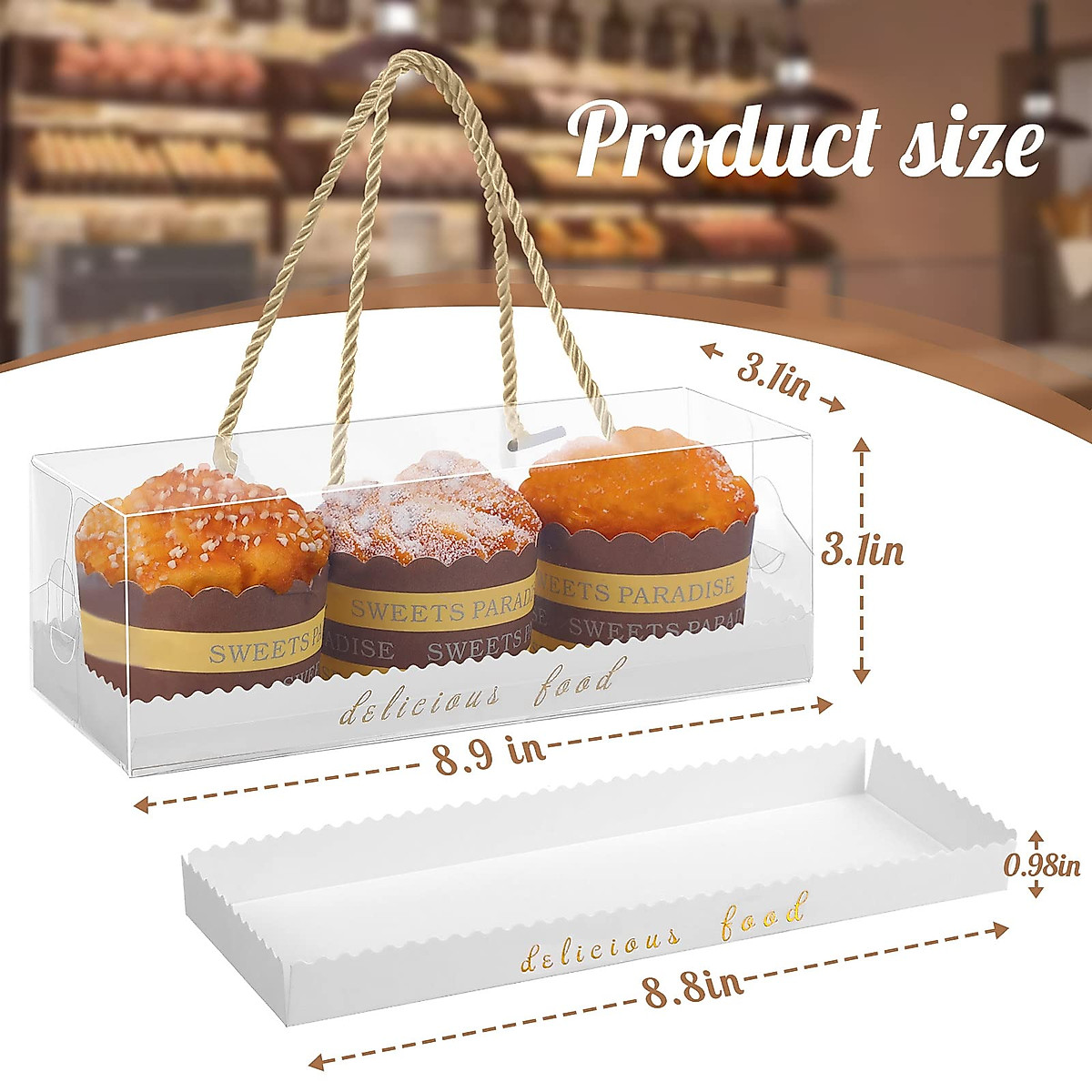 Irenare 30 Pcs Clear Cake Box with Handles Bakery Clear Pastry Cookies Candy Box Rectangular Plastic Cake Roll Container Portable Treat Dessert Gift Boxes for Cupcake, 8.86 x 3.07 x 3.07 Inch (Gold)