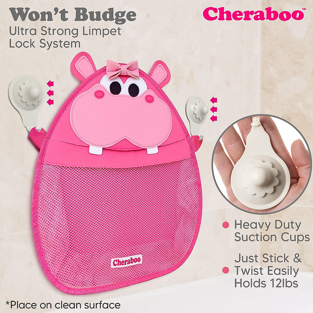 CHERABOO Bath Toy Storage, Hurley Hippo Bath Toy Holder, Bath Toys for Toddlers 1-3, Bathroom Toy Storage, Bathtub Organizers and Storage, Bath Toy Basket, Bath Toy Organizer