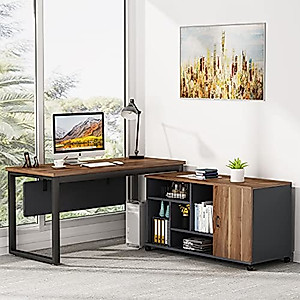 Tribesigns L Shaped Executive Desk, 55-Inch Office Computer Desk with 47 Inch Lateral File Cabinet, Rustic Business Furniture Workstation with Storage Shelves for Home Office