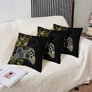 Gamer Throw Pillow Covers 16x16 Set of 2, Camo Gaming Pillow Covers For Kids Teens Man, Camouflage Glitter Honeycomb Cushion Covers, Game Console Decorative Accent Pillow Cases, Green Yellow