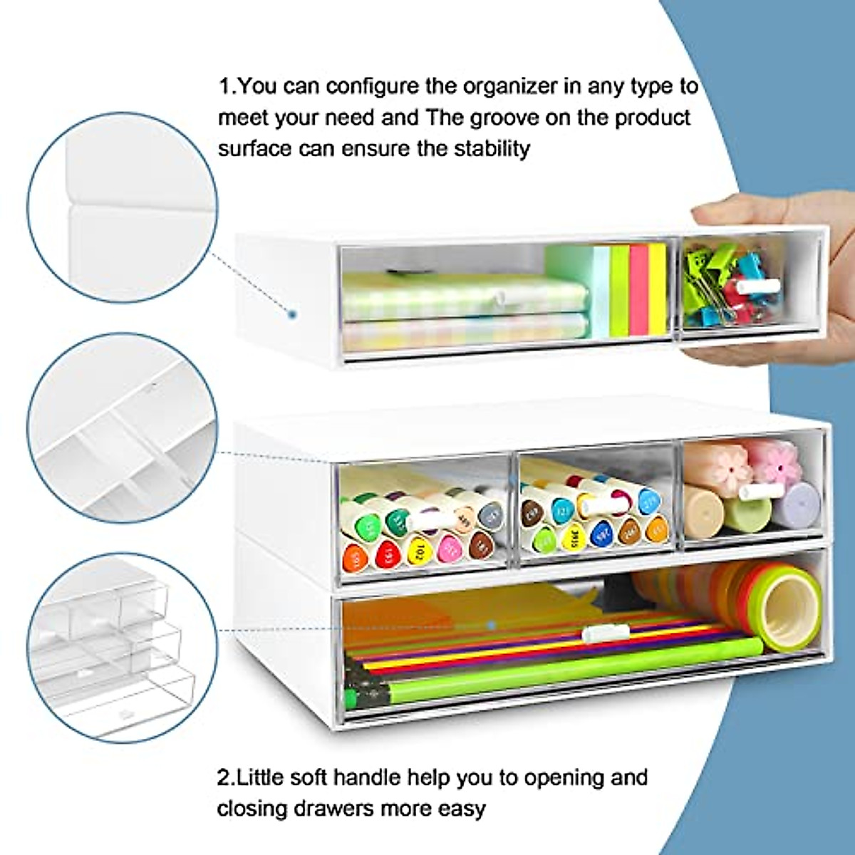 MAYGIBYE Desk Organizer with 6 Drawers, Rectangular Desktop Drawers, Plastic Makeup Storage,Detachable Design Holder Desk Organizer and Accessories, Suitable for Office, School, Home (White)