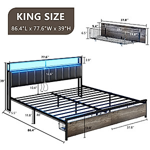 AMERLIFE LED Bed Frame with Drawers, King Platform Bed Frame with 2-Tier Storage & Leather Upholstered & Charging Station Headboard, No Box Spring Needed, Easy Assembly, Noise Free, Rustic Grey