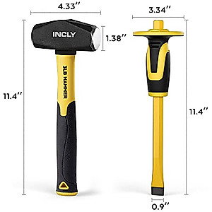 INCLY 4 PCS Geology Rock Pick Equipment Kit, 3lb Sledge Hammer 12" Mason Concrete Flat Chisel, Safety Glasses, Gloves, Tool Set for Hounding,Gold Mining & Prospecting, Brick Stone Breaking