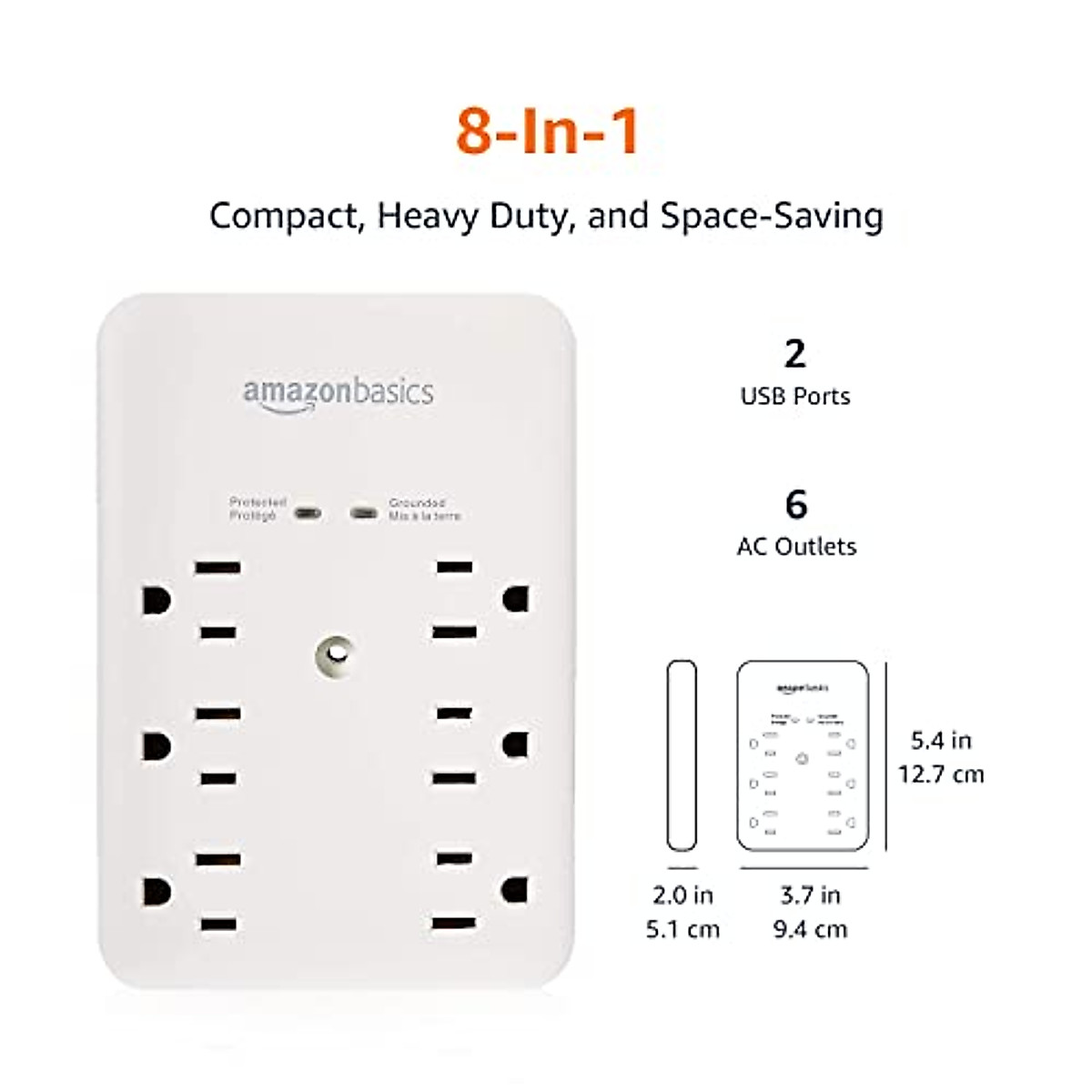 Amazon Basics 6 Outlet, Wall Mount Surge Protector, Power Strip, 2 USB ports 3.4A, 1080 Joules