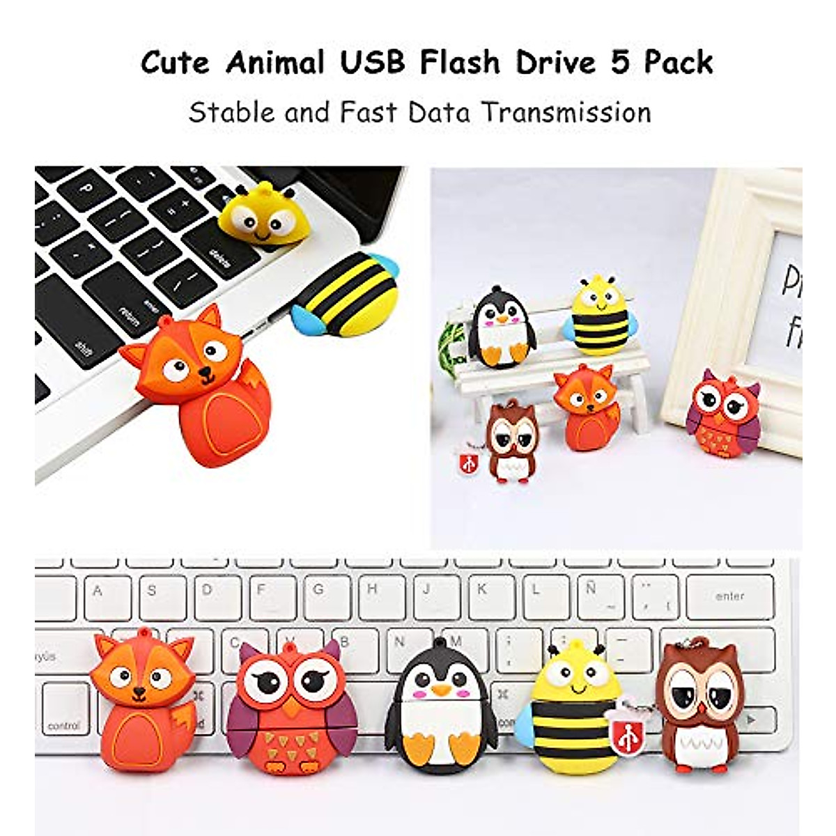 Cute Animal Shaped USB Flash Drive 16GB 5 Pack, Wiedeus Cartoon Memory Stick Student Gifts Novelty Thumb Drives