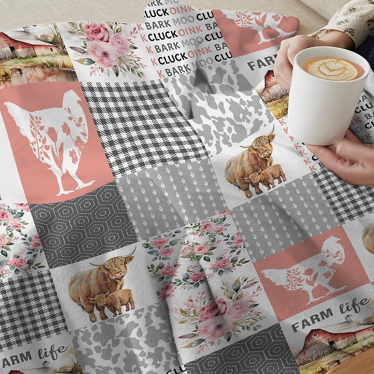 BUYYET Farm Animal Floral Chicken Gift Blanket Farmhouse Animal Floral Print Neutral Baby Blanket for Boy Girl Birthday Highland Cow Chicken Swaddle Receiving Blanket 40''x 50''for Kids