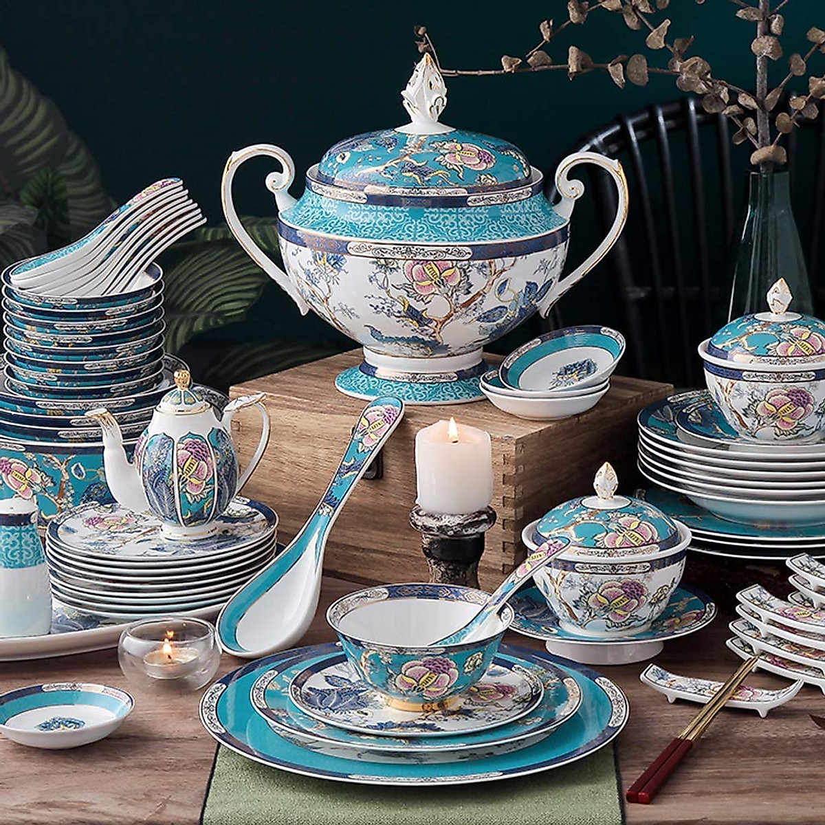 Table Service Crockery SetFine Dinner Set,Dinner plate Dinnerware Set, 50 Piece Upscale Ceramics Dinner Set - Bowl/Dish/Soup Pot | Bone China Porcelain Combination Set Suitable for housewarmingurant