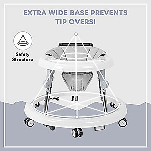 HARPPA Foldable Baby Walker, Sit to Stand Activity Center with Wheels, Seat and Height Adjustable (White)