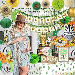 Premium Safari Baby Shower Decorations for Boy Jungle Theme Baby Shower Decor - Banner, Animal Cutouts, Balloons, Paper Decorations, Guest Book, Leaves, Games, Sash - Jungle Baby Shower Decorations